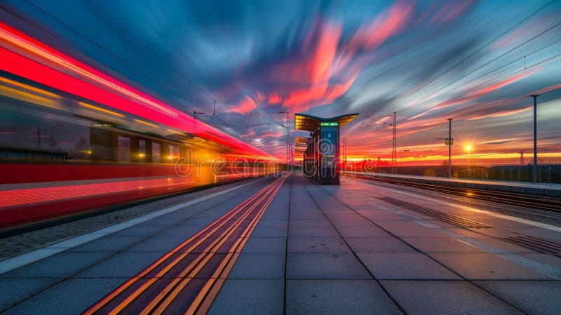 Speeding Train at Sunset on Railway Platform. Generative Ai Stock ...