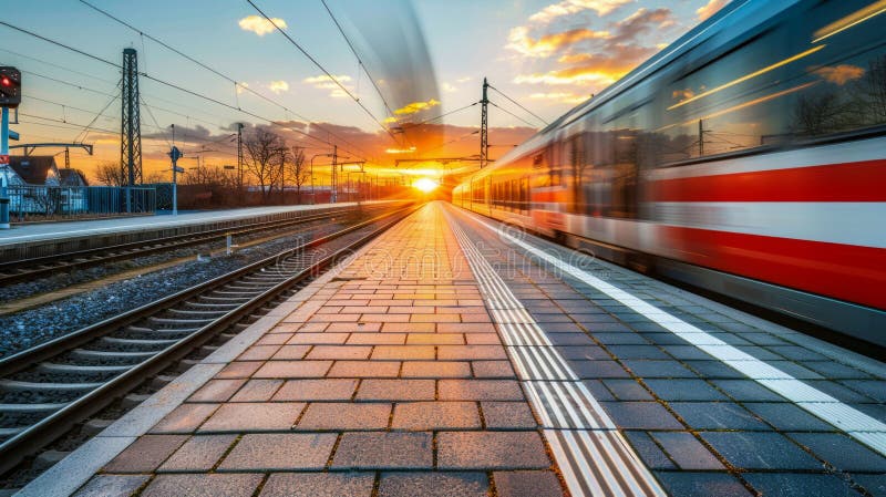 Speeding Train at Sunset on Railway Platform. Generative Ai Stock ...