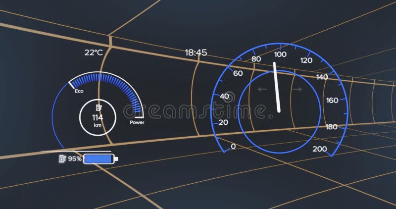 Speedometer and Battery Level Image Over Futuristic Grid Background ...