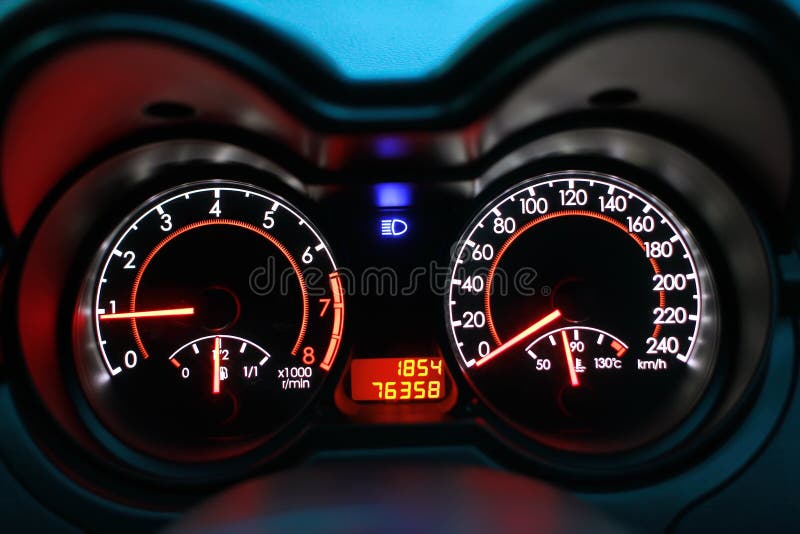 Speedometer of a Car with High Lamp on Stock Photo - Image of blue ...