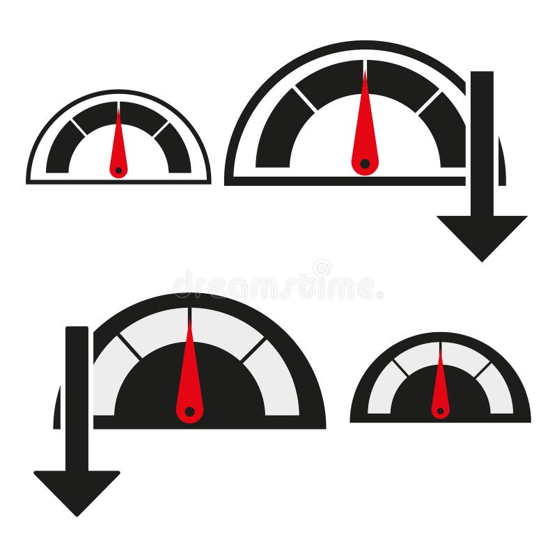 Speedometer Icon Set. Red Arrow Indicator. Black and White Gauges ...