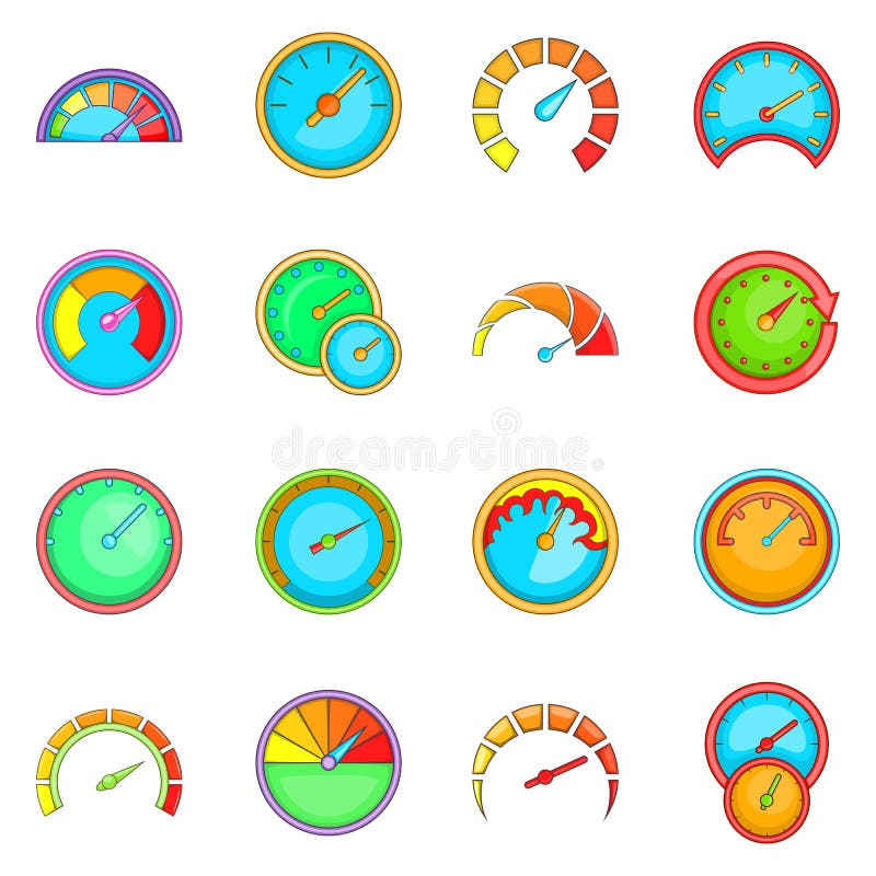 Speedometer Icons Set, Cartoon Style Stock Vector - Illustration of ...