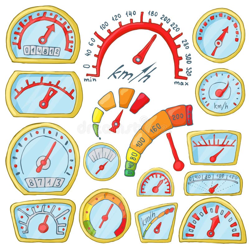 Speedometer Icons Set, Cartoon Style Stock Vector - Illustration of ...