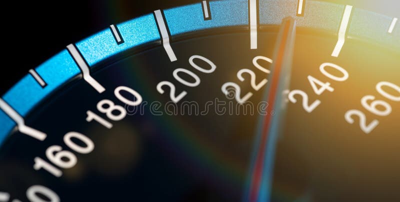 Speedometer Needle Pointing High Speed on Black Dashboard Stock ...