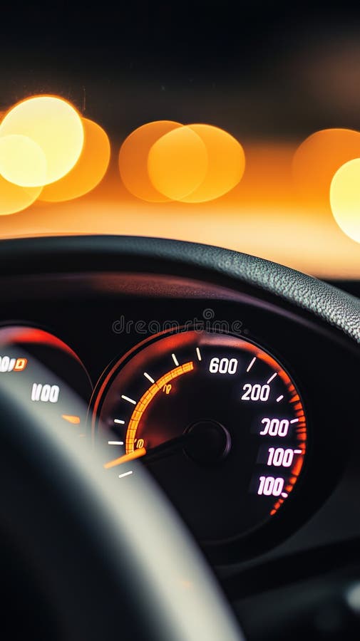 Speedometer Showing Zero Speed at Night with City Lights in Background ...