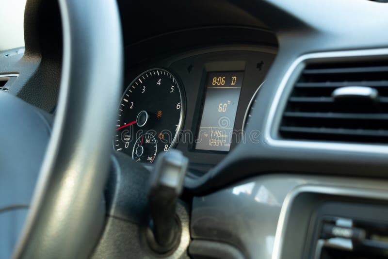 Speedometer and Steering Wheel in Auto Close Up Stock Image - Image of ...