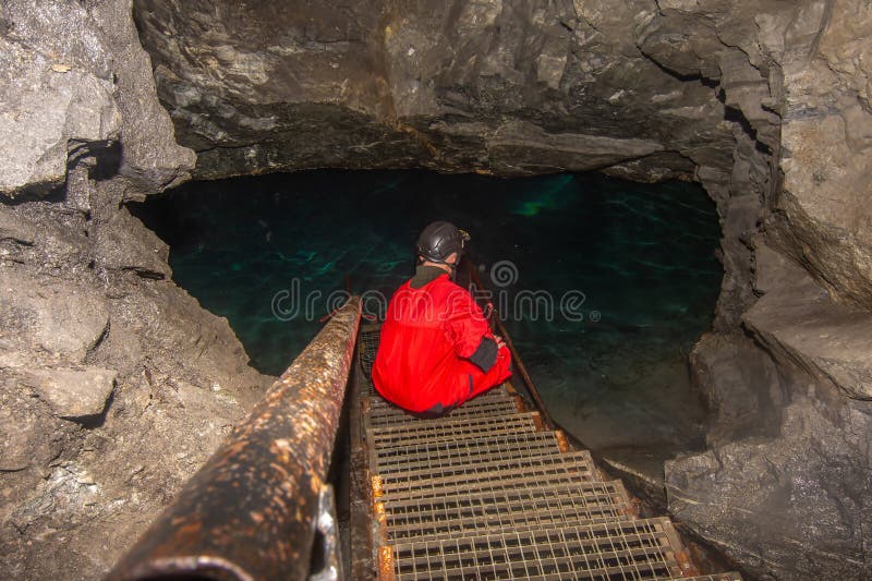 Speleologist Checking and Monitoring Cave Divers Training Deep Cave ...
