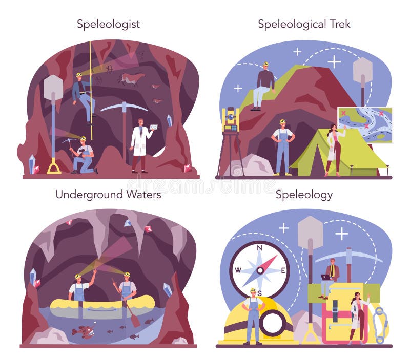 Speleologist Concept Set. Scientst Exploring Deep Cave with Special ...