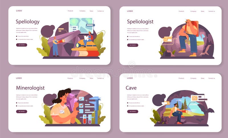 Speleologist Web Banner or Landing Page Set. Scientst Exploring Deep ...