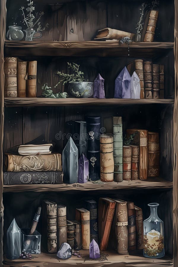 Spell Books and Crystals on a Shelf. AI Generated. Stock Illustration - Illustration of books ...