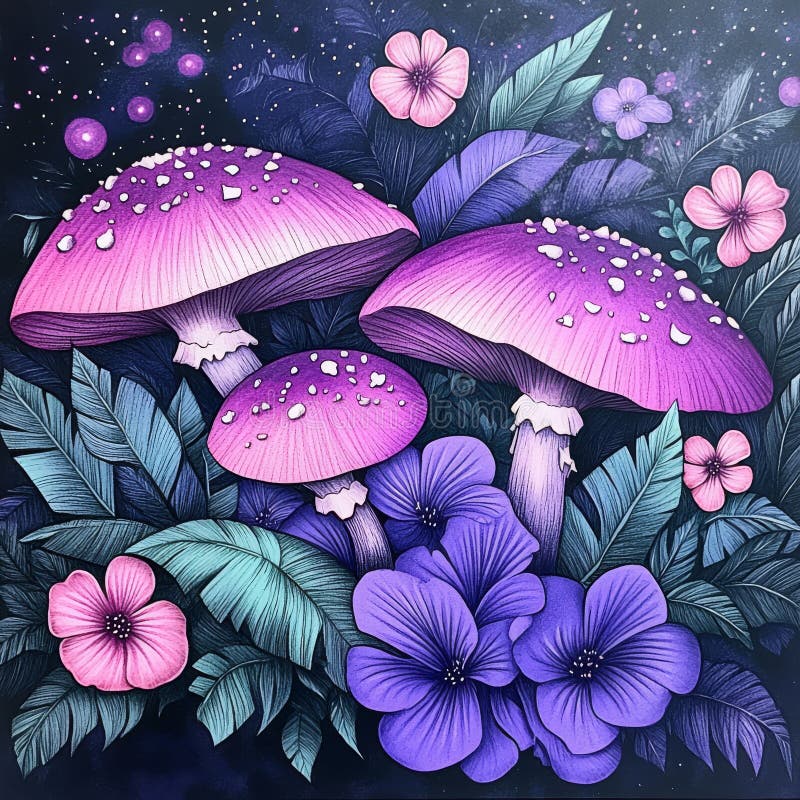 Spellbinding Nighttime View with Fungi and Celestial Features Stock ...