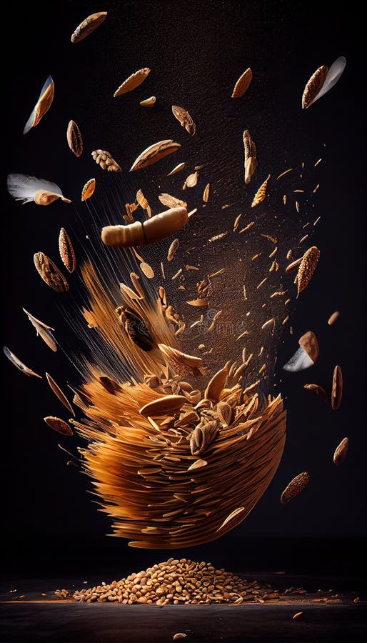 Spelt Seeds Creatively Falling-Dripping Flying or Splashing on Dark ...