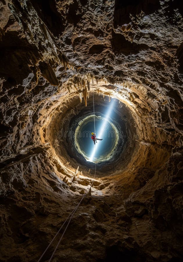 Spelunker Descending into a Deep Circular Cave Shaft Stock Illustration ...