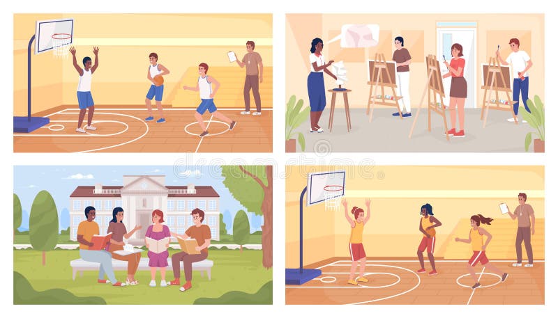 Spending School Week Flat Color Vector Illustration Set Stock Vector ...