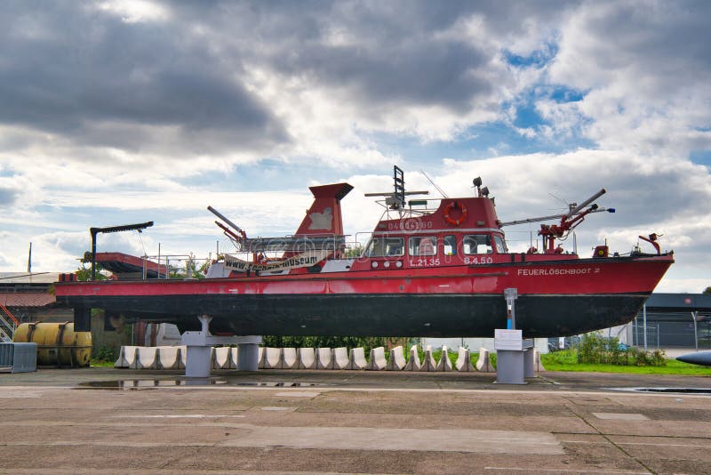 SPEYER, GERMANY - OCTOBER 2022: Red Fire Hose Boat in the Technikmuseum ...