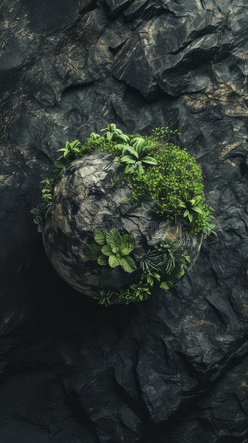 Sphere Covered with Green Plants in a Rocky Environment, Nature and ...