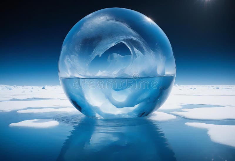 A Sphere of Ice and Water, Suspended in Blue Background Stock ...