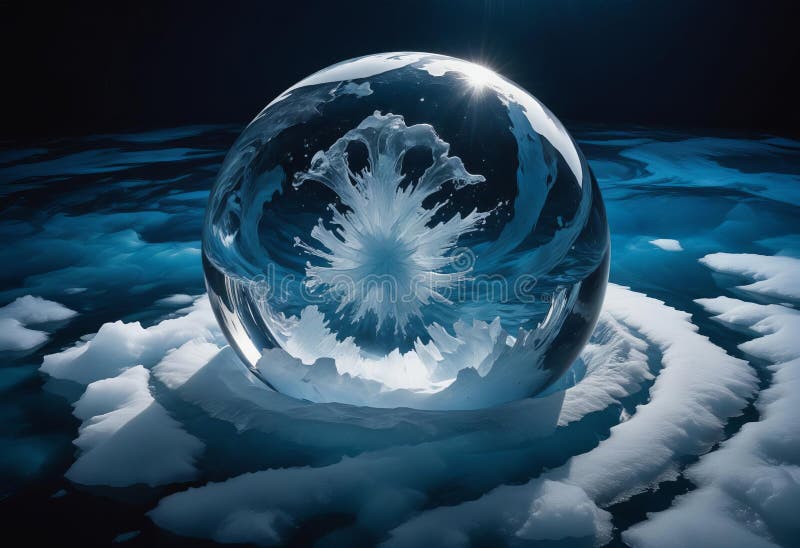 A Sphere of Ice and Water, Suspended in Blue Background Stock ...