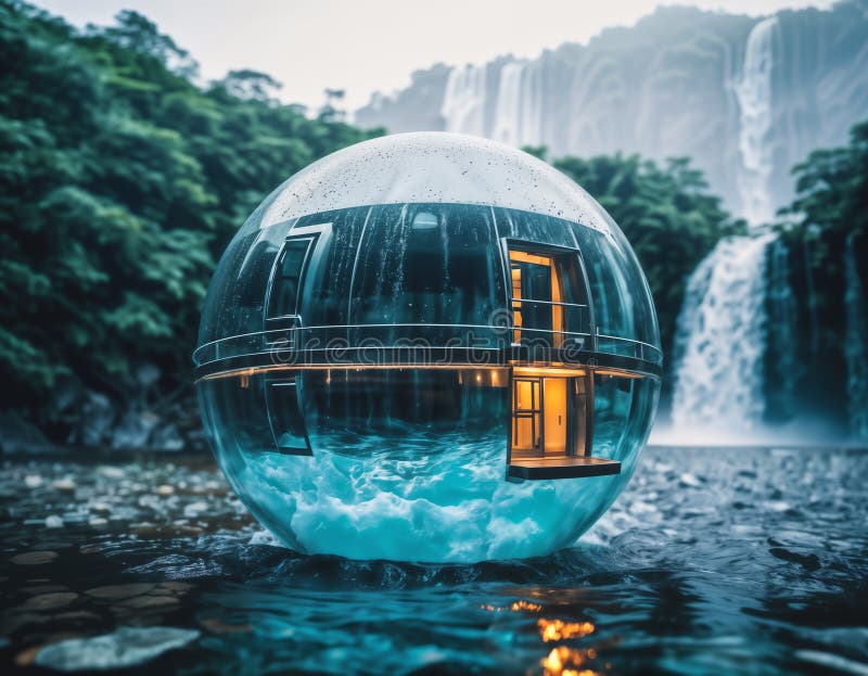 Sphere Made of Glass Floats in a River in Front of a Waterfall. the ...