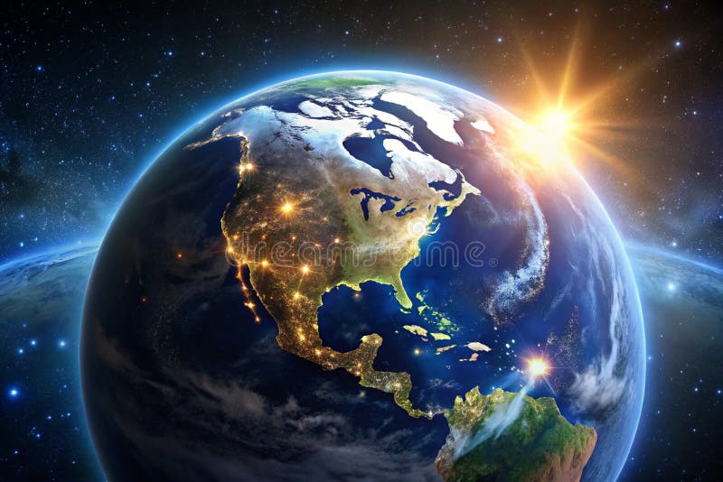 Sphere of Nightly Earth Planet in Outer Space, City Lights on the ...