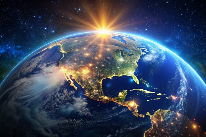 Sphere of Nightly Earth Planet in Outer Space, City Lights on the ...