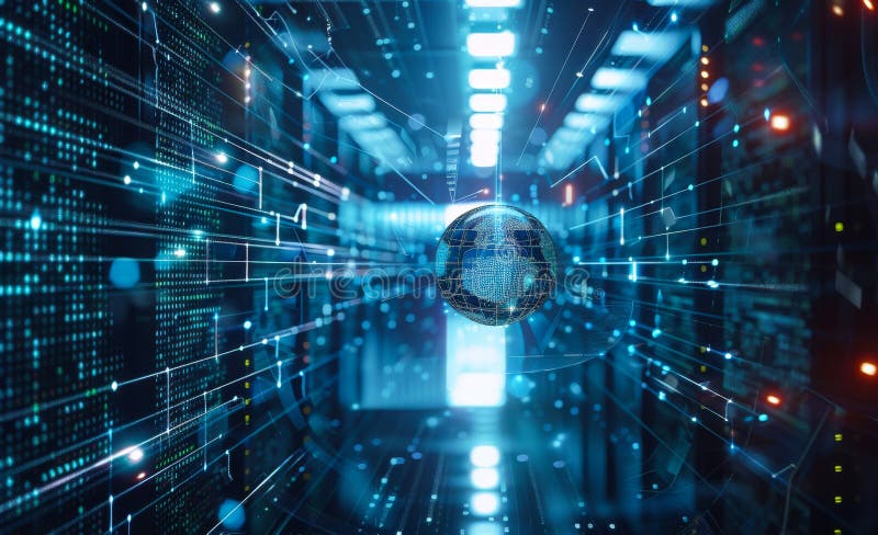 Sphere is Seen in the Center of Futuristic Data Center with Matrix of ...
