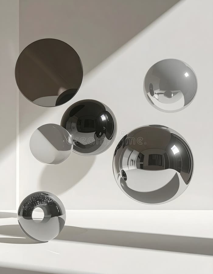 Spheres and Discs Floating in Minimalist White Room with Sunlight Stock ...