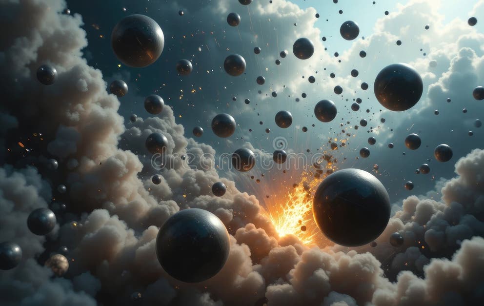 Spheres Floating among Clouds with Light Burst Science Concept Stock ...