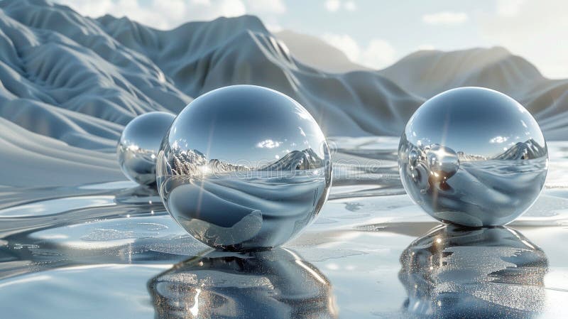 Reflective Spheres on a Smooth Surface Amidst a Mountainous Landscape ...