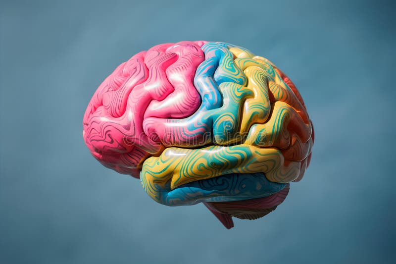 Spherical Brain with Swirling Colors on Muted Blue Background Stock ...