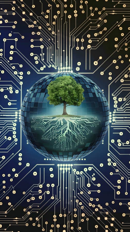 Spherical Circuit Board with Growing Tree, Blend of Nature and Digital ...