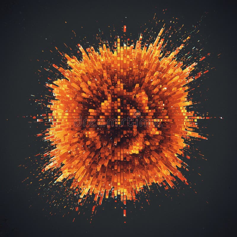 A Spherical Digital Art Piece with an Explosion of Small, Orange Cubes ...
