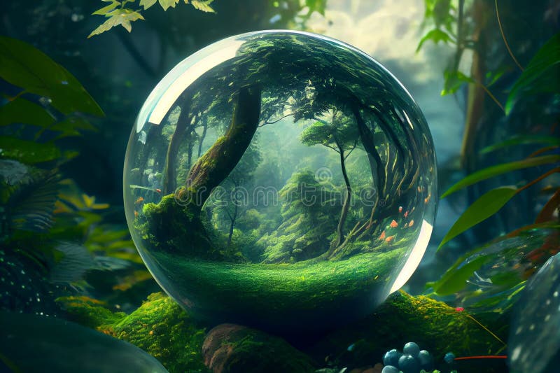 Spherical Glass Ball with Nature Green Forest Reflection Illustration ...