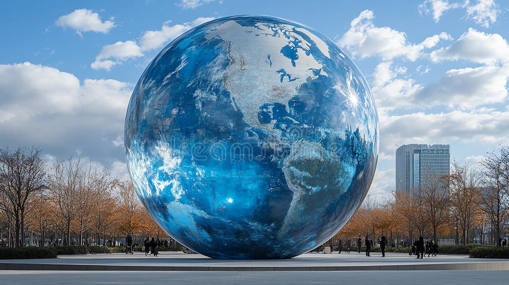 Spherical Globe Structure in an Urban Plaza with Trees and Cloudy Sky ...