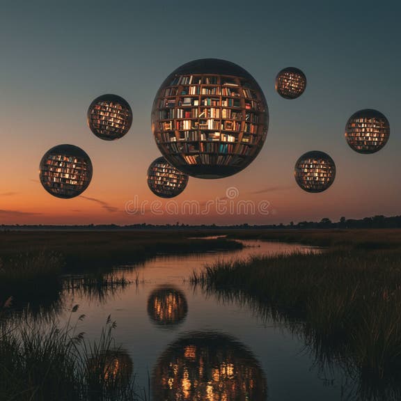 Spherical, Illuminated Structures Float Above a Serene Marshland at ...