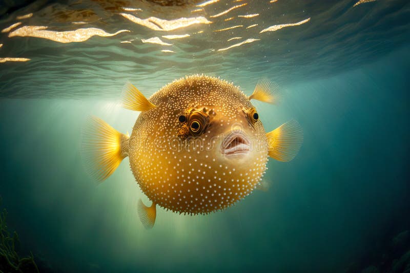 Spherical Inflated Puffer Fish in Clear Sea in Sun S Rays Stock ...