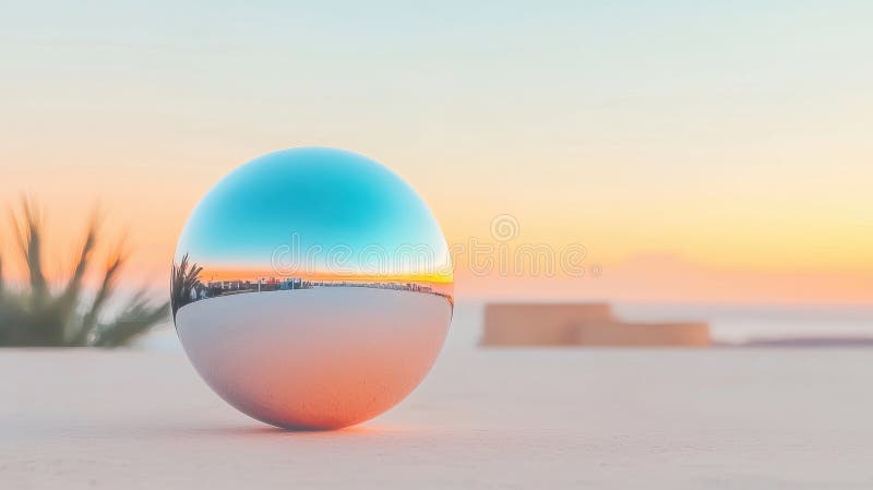 A Spherical Object Reflecting a Sunset Over a Desert Landscape. Stock ...