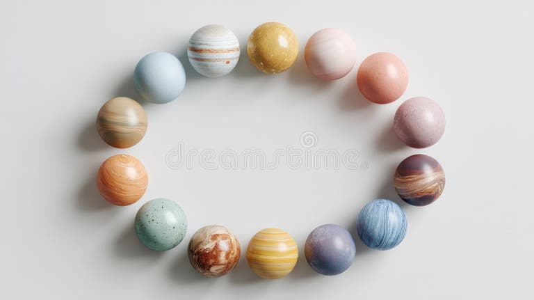 Spherical Objects in a Circular Arrangement on White Background Stock ...