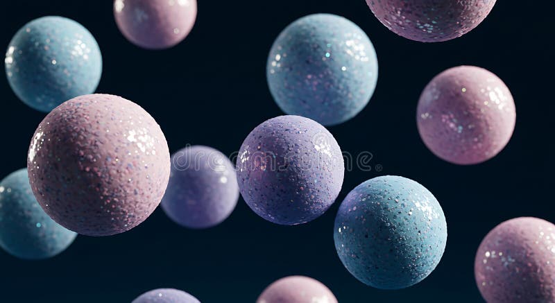 Spherical Objects with a Glittery Texture Float Against a Dark ...