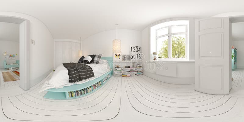 Spherical 360 Panorama Projection Bedroom Interior Design 3D Rendering Stock Illustration ...