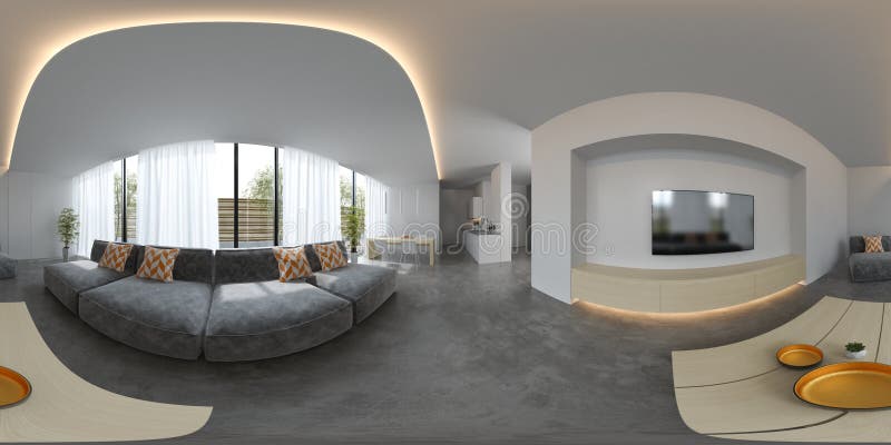 Spherical 360 Panorama Projection Scandinavian Style Interior Design 3D Rendering Stock ...