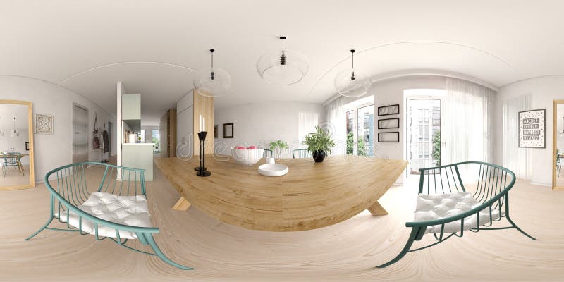 Spherical 360 Panorama Projection Scandinavian Style Interior Design 3D Rendering Stock Photo ...