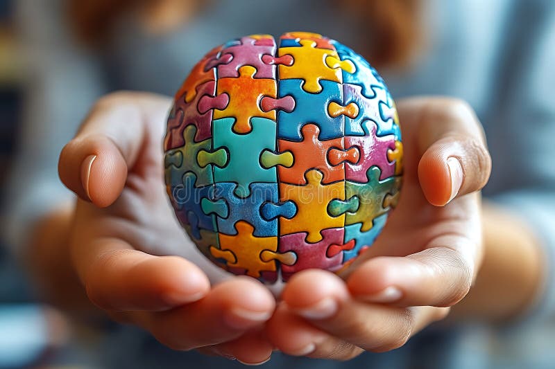 Spherical Puzzle Ball Held in Open Palms, Colorful Jigsaw Pieces, Soft ...