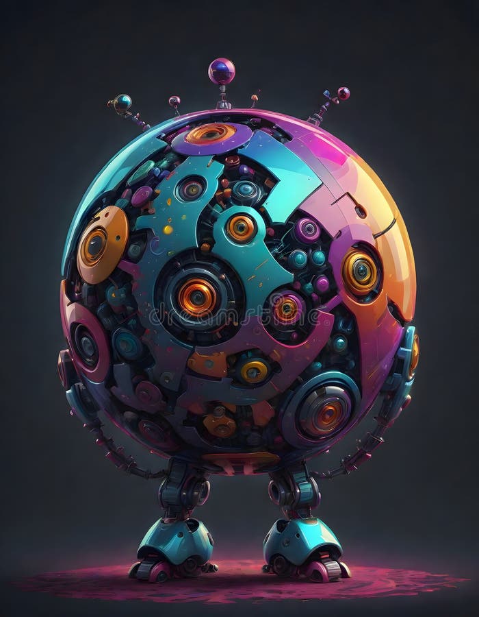 Spherical Robot Adorned with Colorful Patterns and Symbols, Showcasing ...