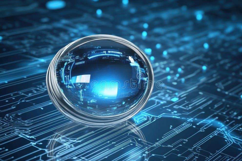 Spherical Technology Orb Reflecting Digital Patterns on a Circuit Board ...