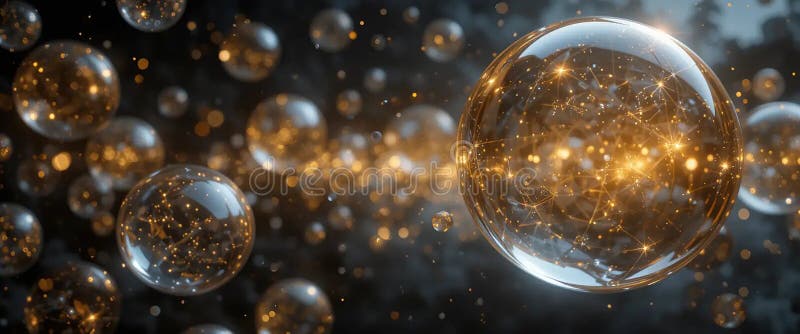 Spherical Transparent Elements Float Against a Dark Background Stock ...