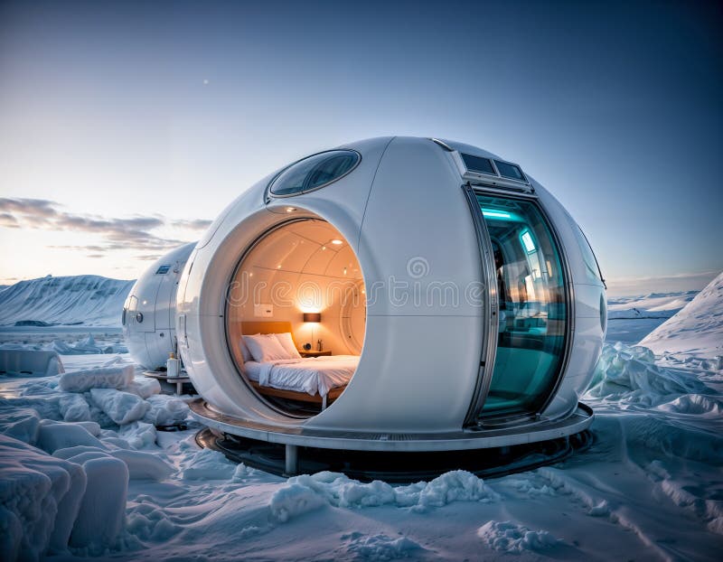 Spherical White Pod-like Structure with a Bedroom Inside, Located on ...