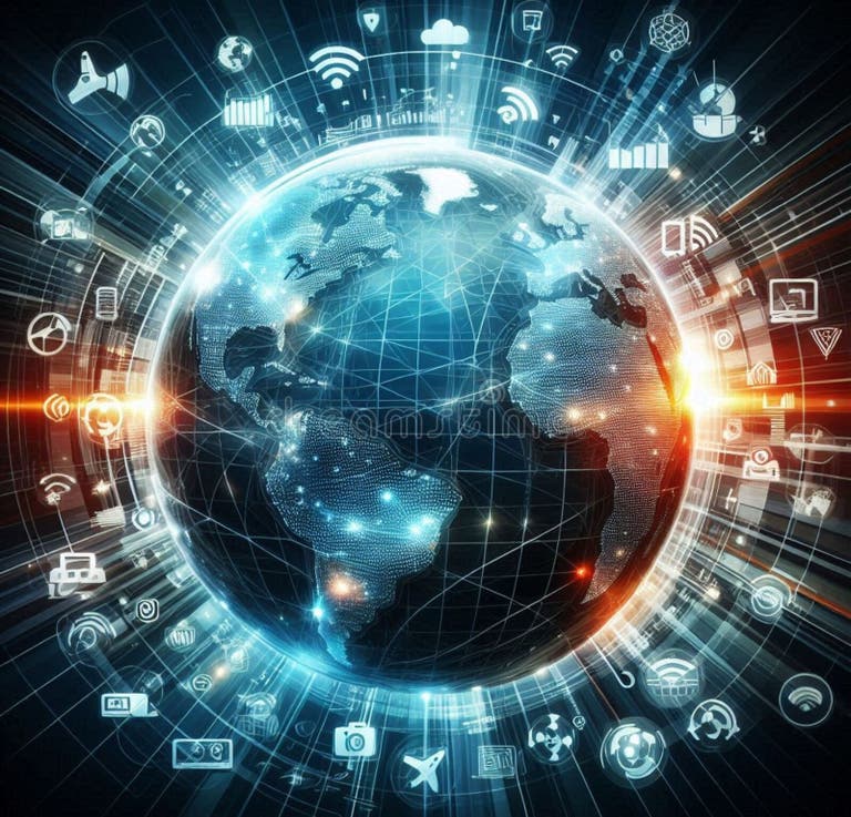 Spherical World Map on Technology Background. Bright Lines and Rays ...