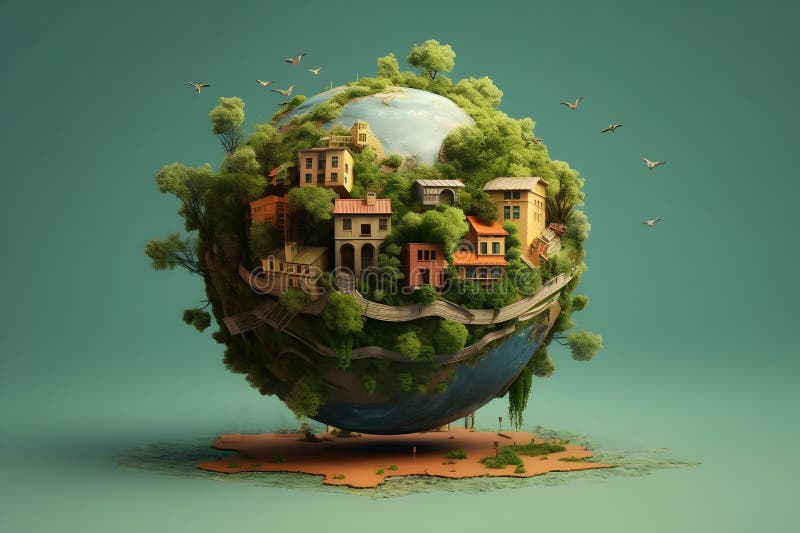 A Spherical World Teeming with Greenery and Architecture Stock ...