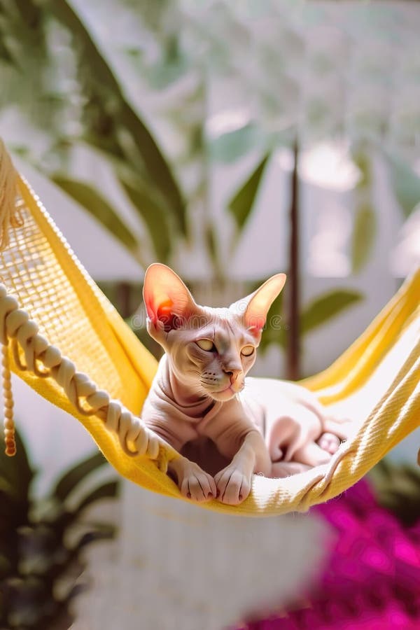 A Sphinx Cat on a Lies on a Fabric Hammock on a Tropical Background. AI ...